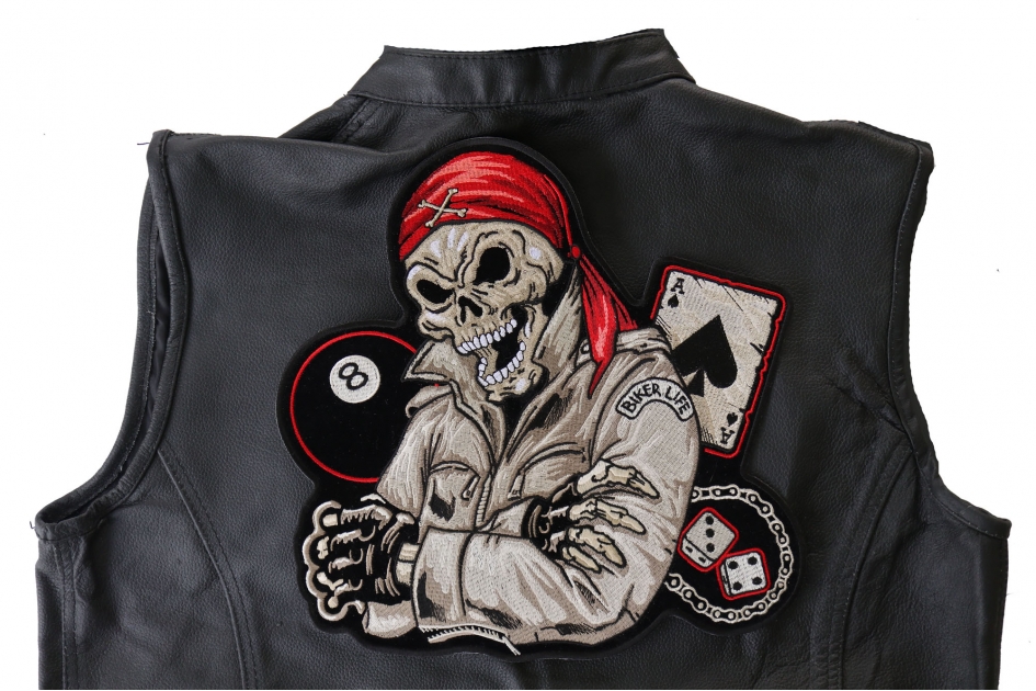 Red Bandana Skull 8-Ball Ace of Spades Embroidered Iron-On Biker Patch