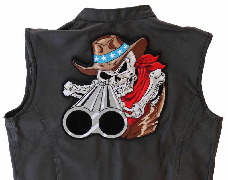 Shotgun Cowboy Skull Embroidered Iron-On Patch