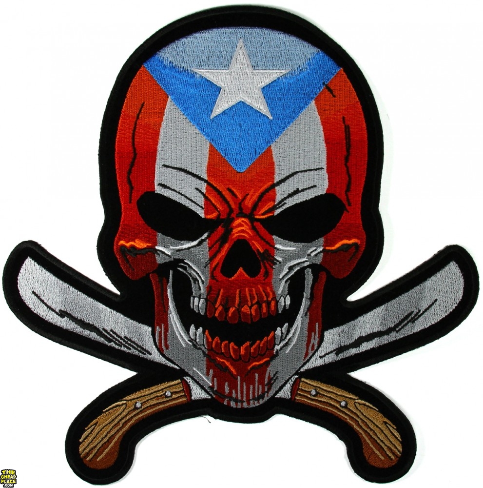 Puerto Rican Skull Large Back Patch With Machetes And Puerto Rico Flag