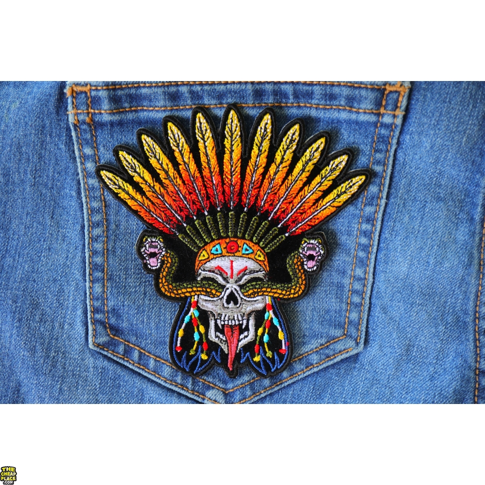 Wicked Snake Skull and Feathers Iron on Patch - TheCheapPlace