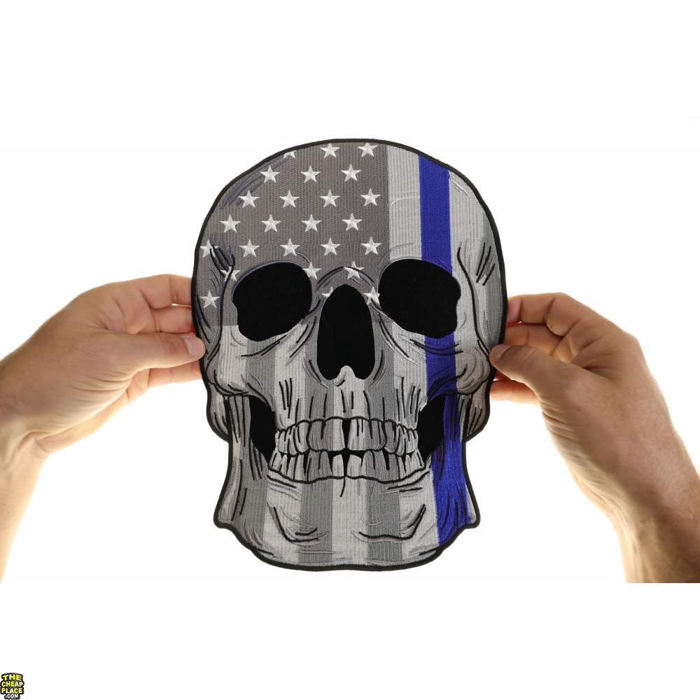 Thin Blue Line Police Flag Skull Embroidered Iron on Patch - TheCheapPlace