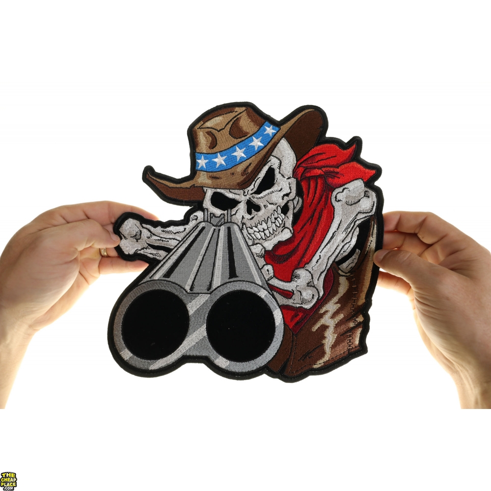 Shotgun Barrel Willy Skull Cowboy Large Back Patch | Skull Patches ...