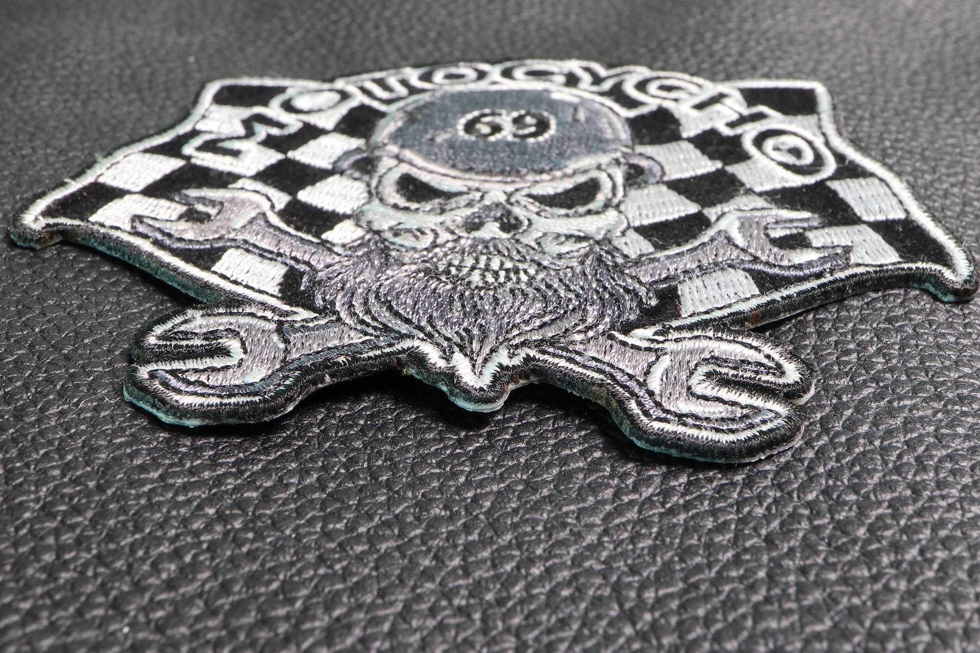Motocycho 69 Skull, Checkered Flags and Wrenches Patch, Biker Skull ...
