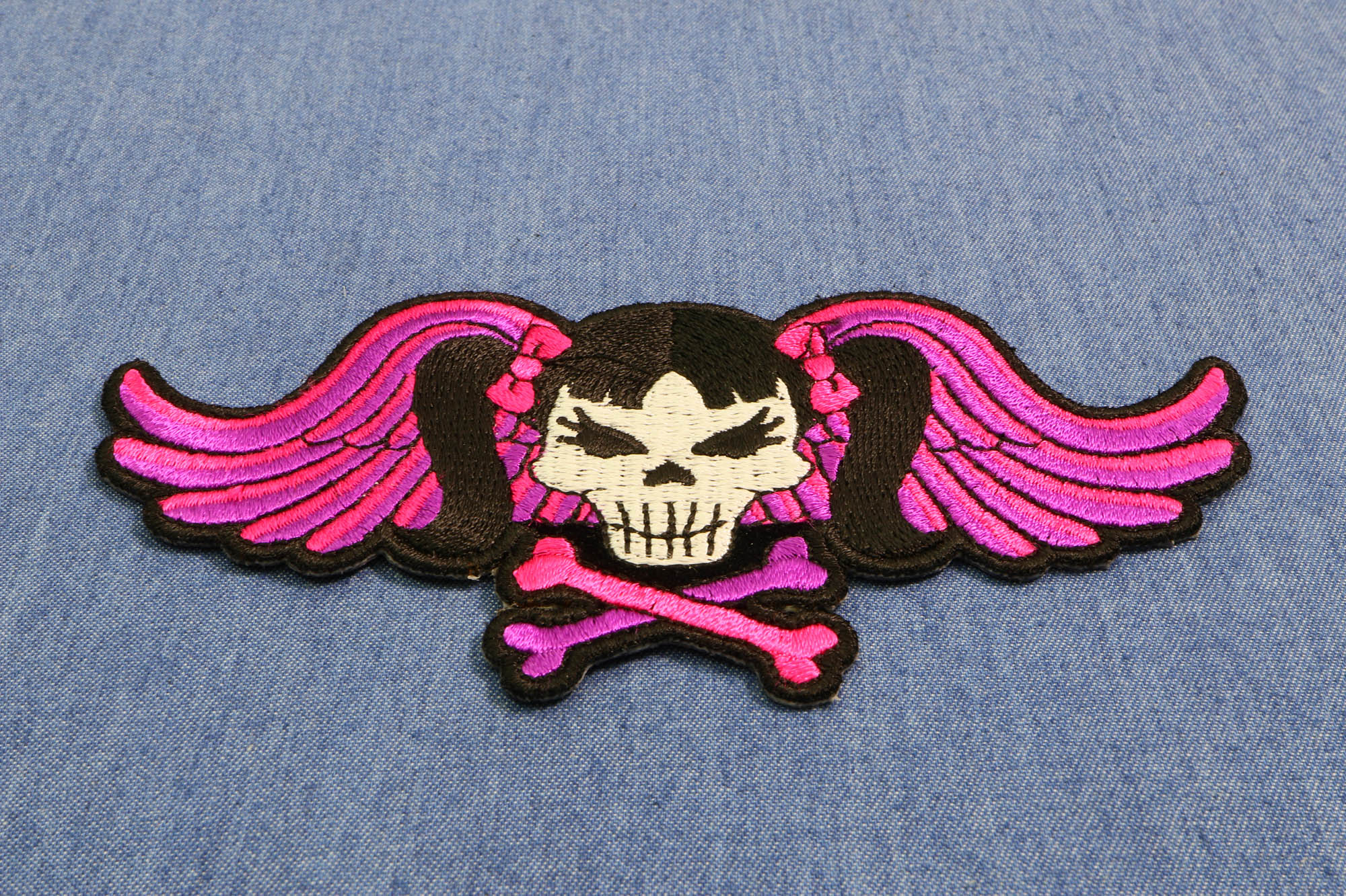 Pigtails Skull and Wings Patch, Biker Skull Patches by Ivamis Patches