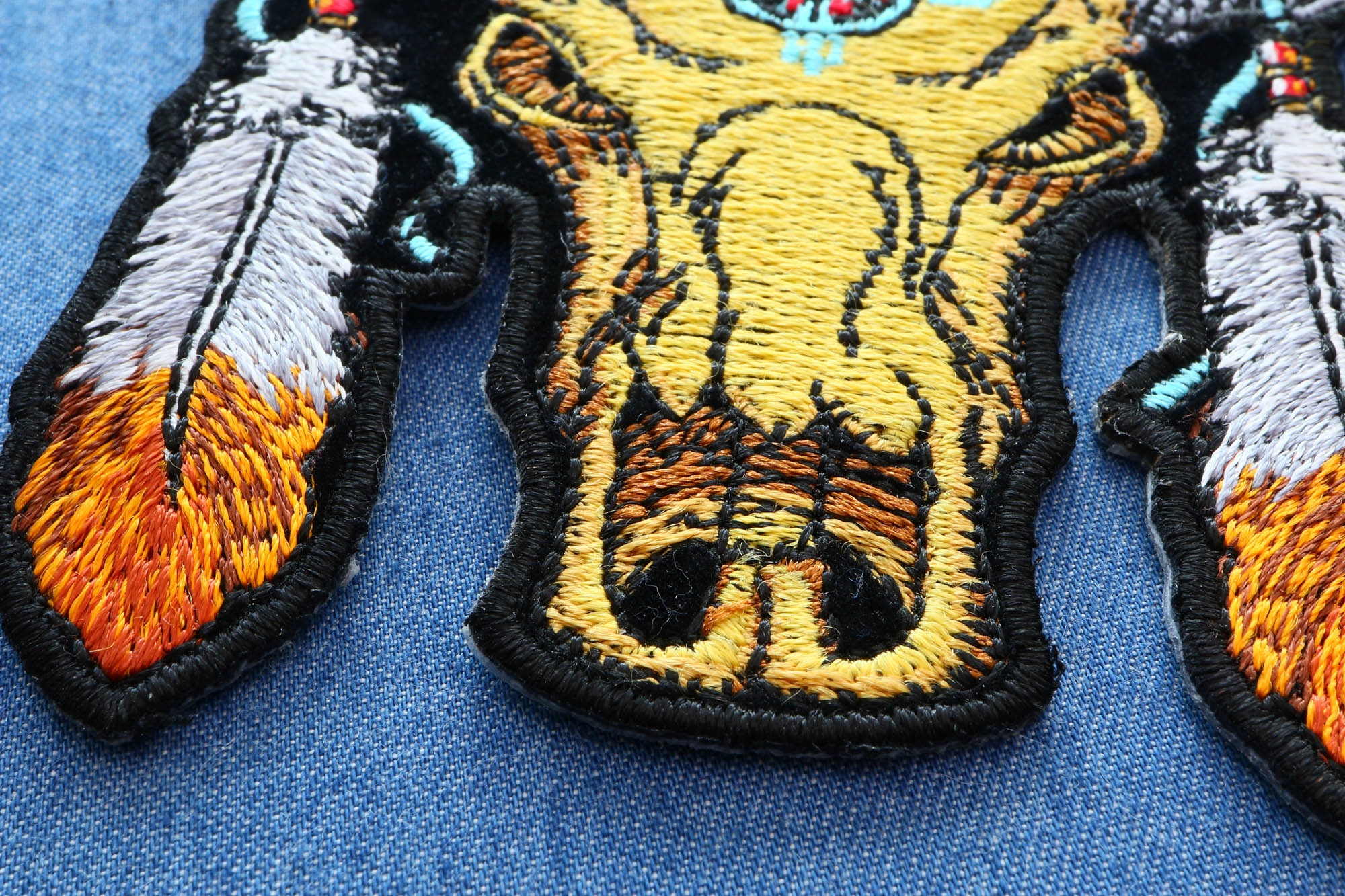 Small Buffalo Head Feathers - Embroidered Iron On Patch | Embroidered ...