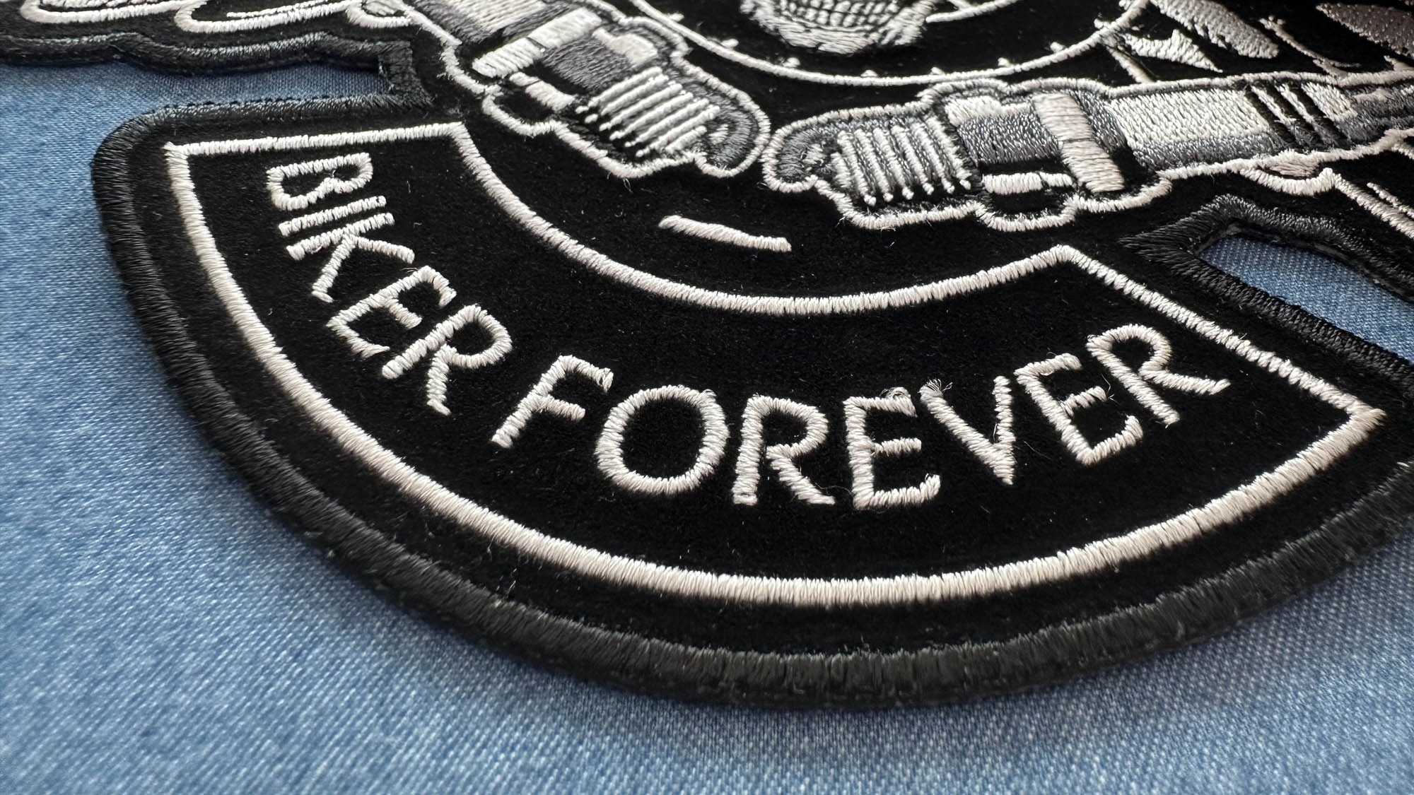 Old Skool Biker Forever Skull Checkered Flags and Spark Plugs Patch ...