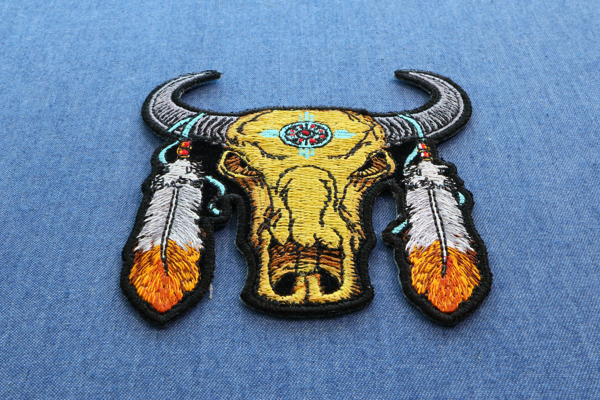 Small Buffalo Head Feathers - Embroidered Iron On Patch | Embroidered ...