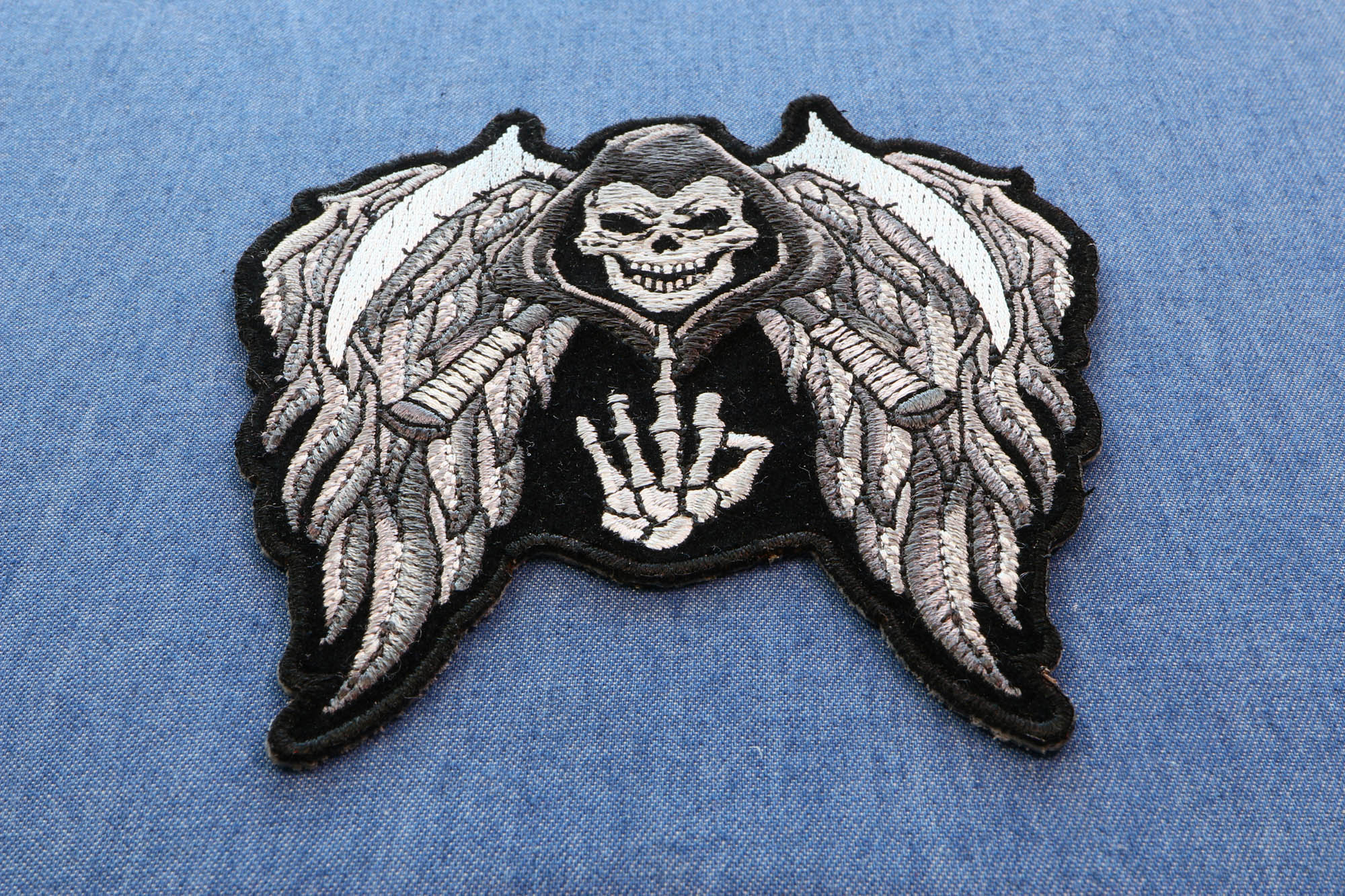 Reaper Skull Wings Middle Finger Patch, Biker Skull Patches by Ivamis ...