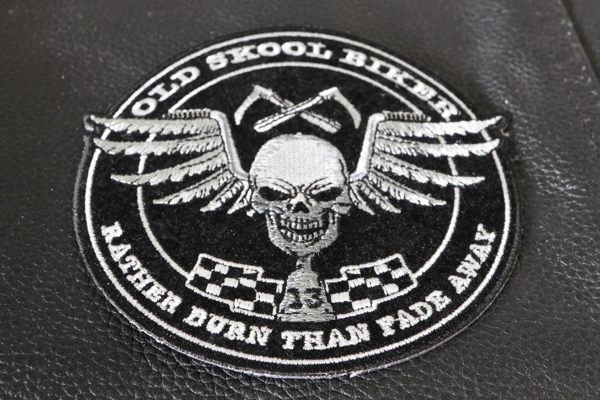 Old Skool Biker Skull Rather Burn Than Fade Away Patch, Biker Skull ...