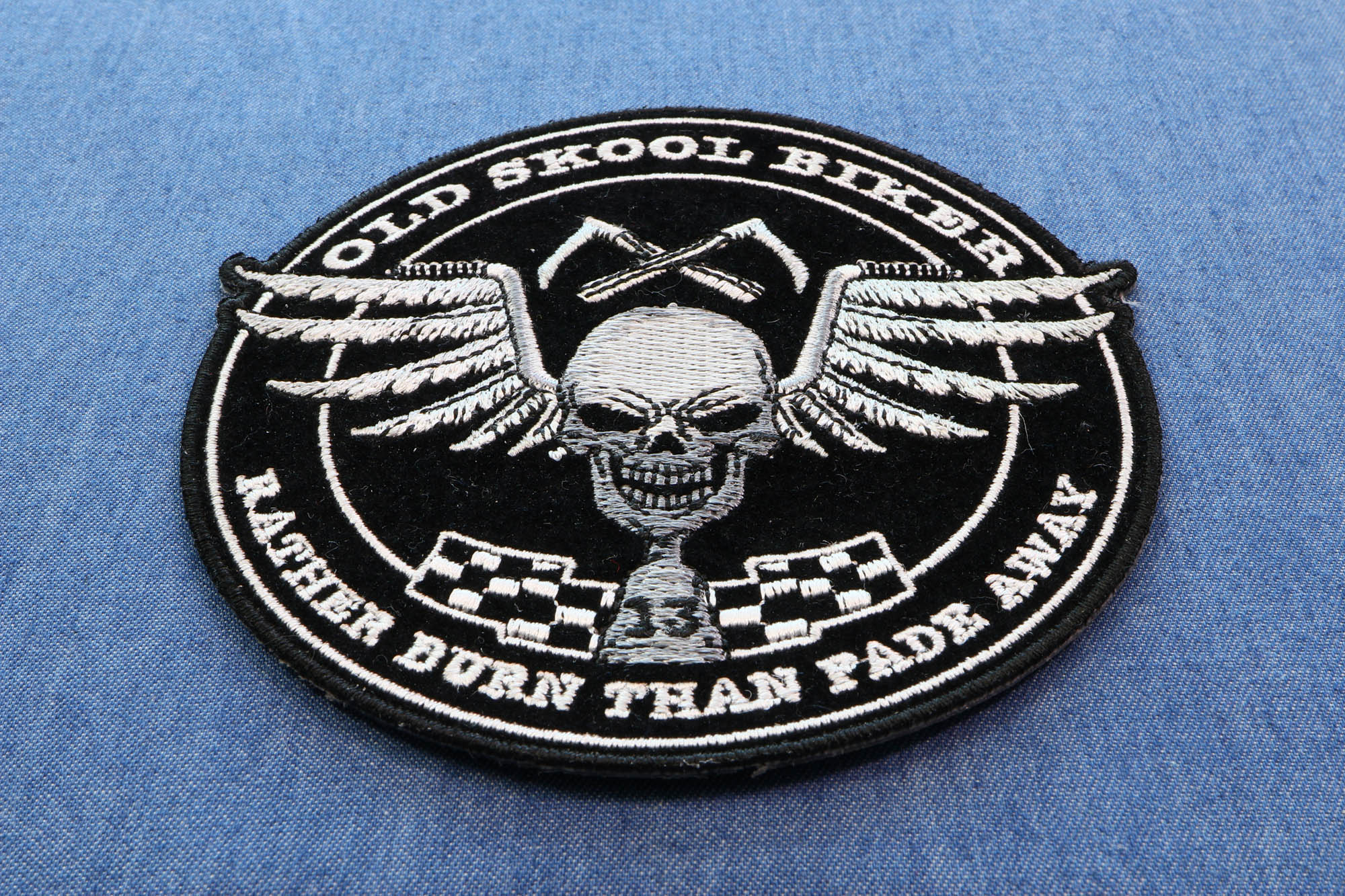 Old Skool Biker Skull Rather Burn Than Fade Away Patch, Biker Skull ...