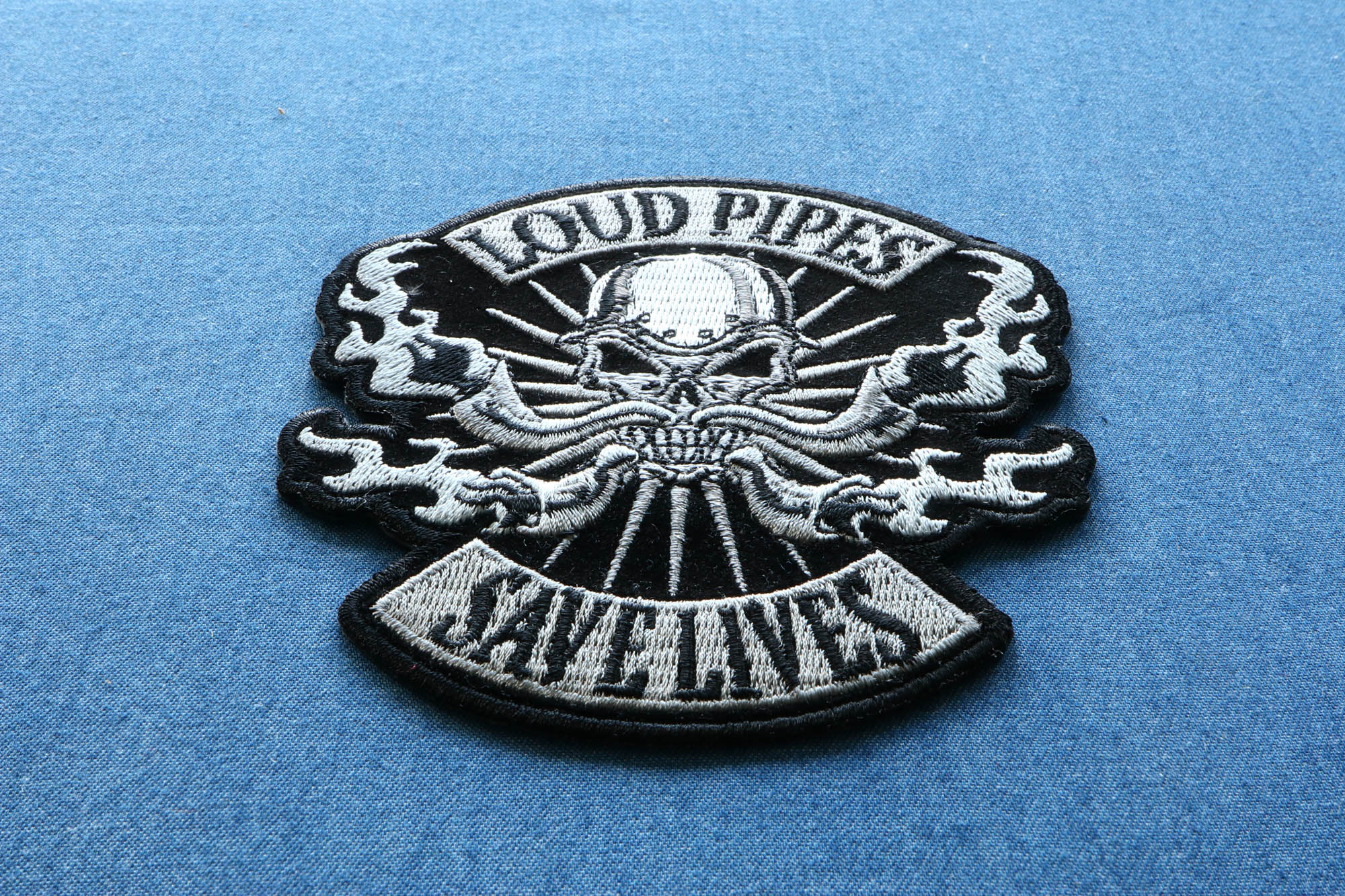 Loud Pipes Save Lives Skull and Pipes Patch, Biker Skull Patches by ...