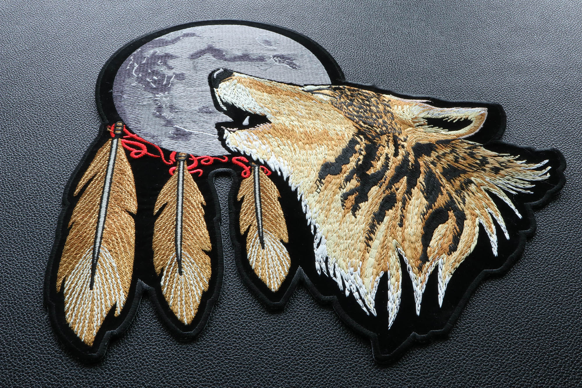 Howling Wolf Moon and Feathers Patch, Large Biker Back Patches for Leather Vests by Ivamis Patches