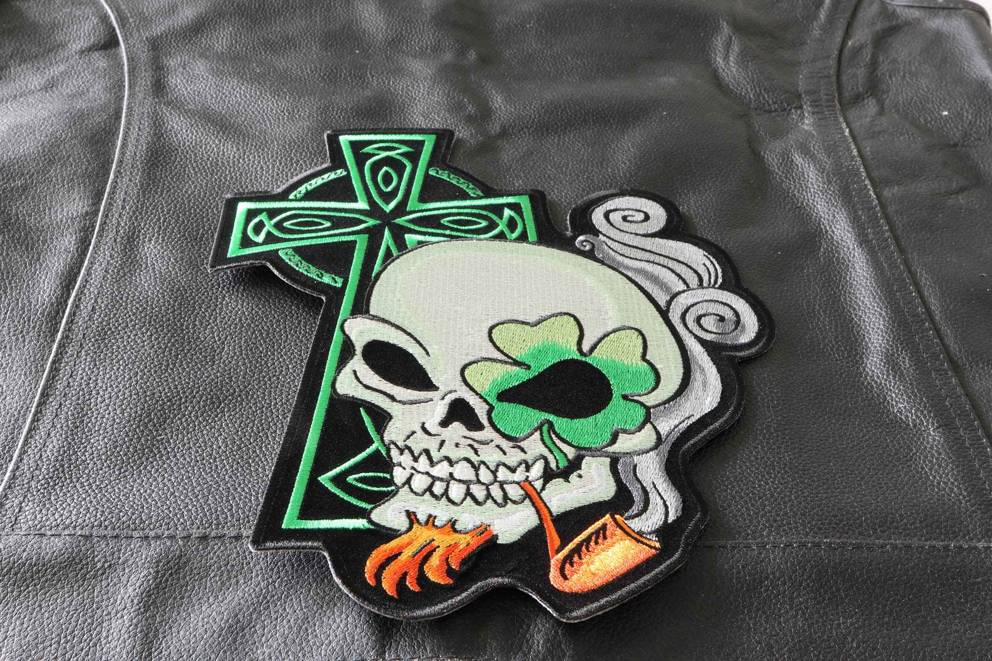 Irish Cross Skull Goaty and Pipe Patch, Large Skull Patches for Biker ...