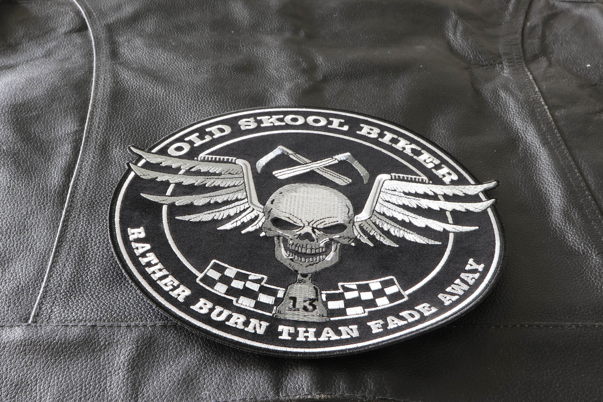 Old Skool Biker Skull Rather Burn Than Fade Away Patch, Large Skull ...