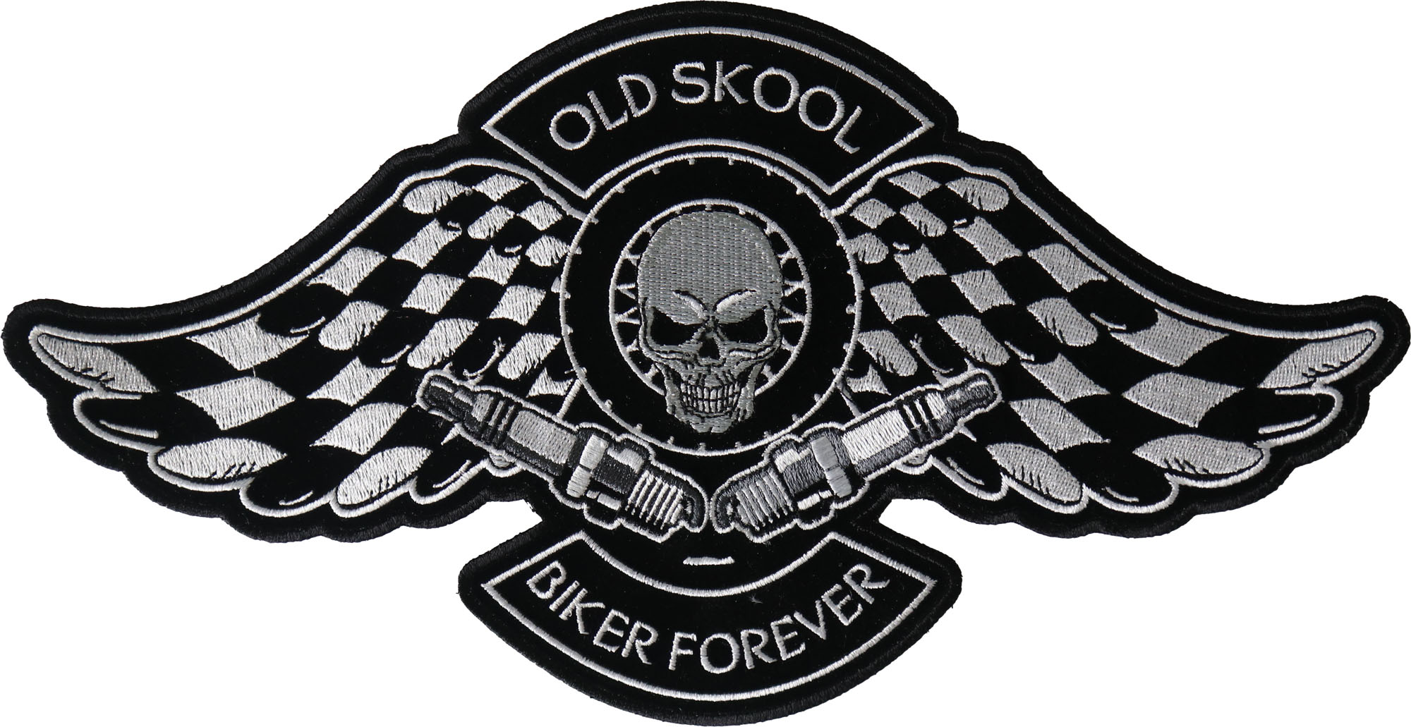 Old Skool Biker Forever Skull Checkered Flags and Spark Plugs Patch ...