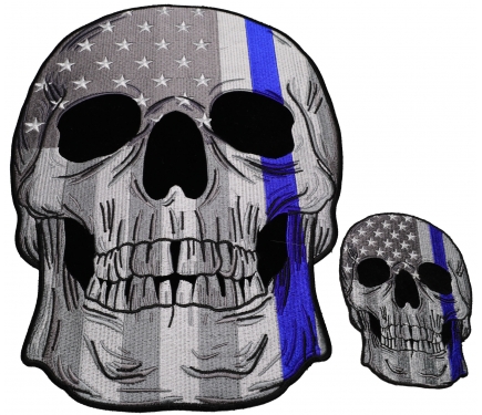 Set of 2 Small and Large Blue Line Police Skull Patches by Ivamis Patches