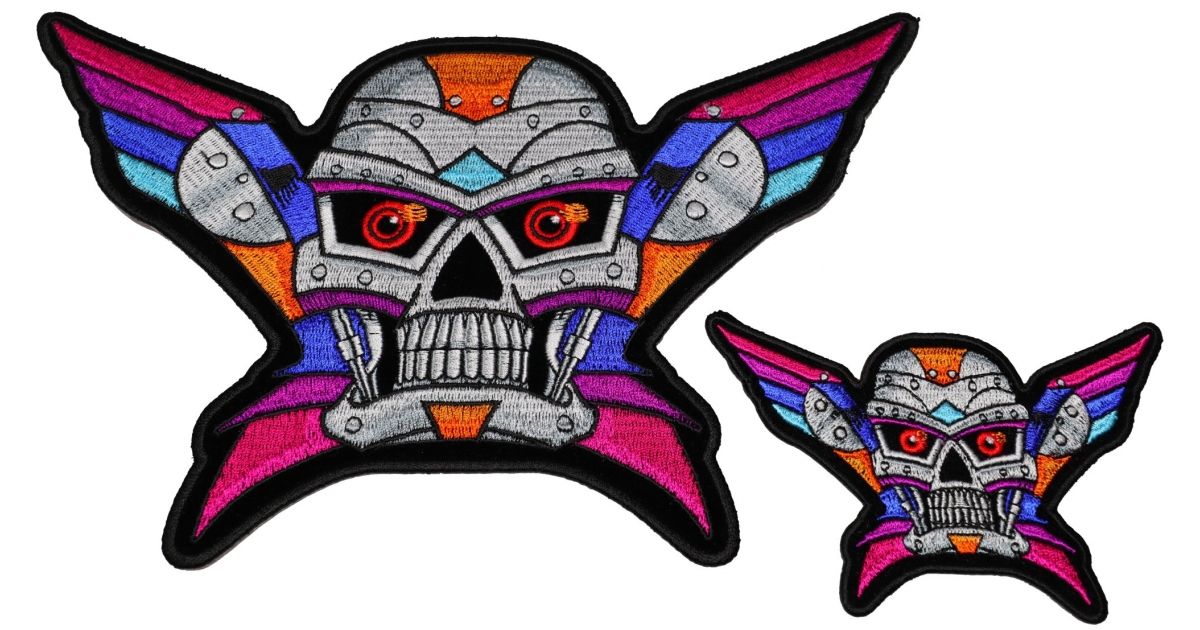 Set of 2 Small and Large Colorful Robot Skull Patches by Ivamis Patches