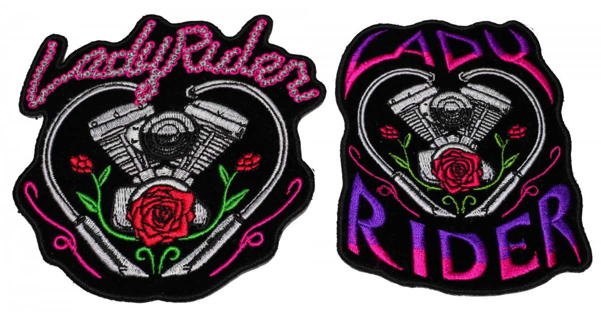 Set of 2 Small Lady Rider Patches with Motorcycle V Twin Engine by ...