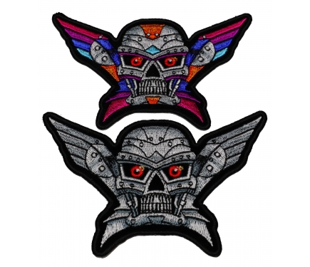 Set of 2 Small Robot Skull Patches Silver and Colorful by Ivamis Patches