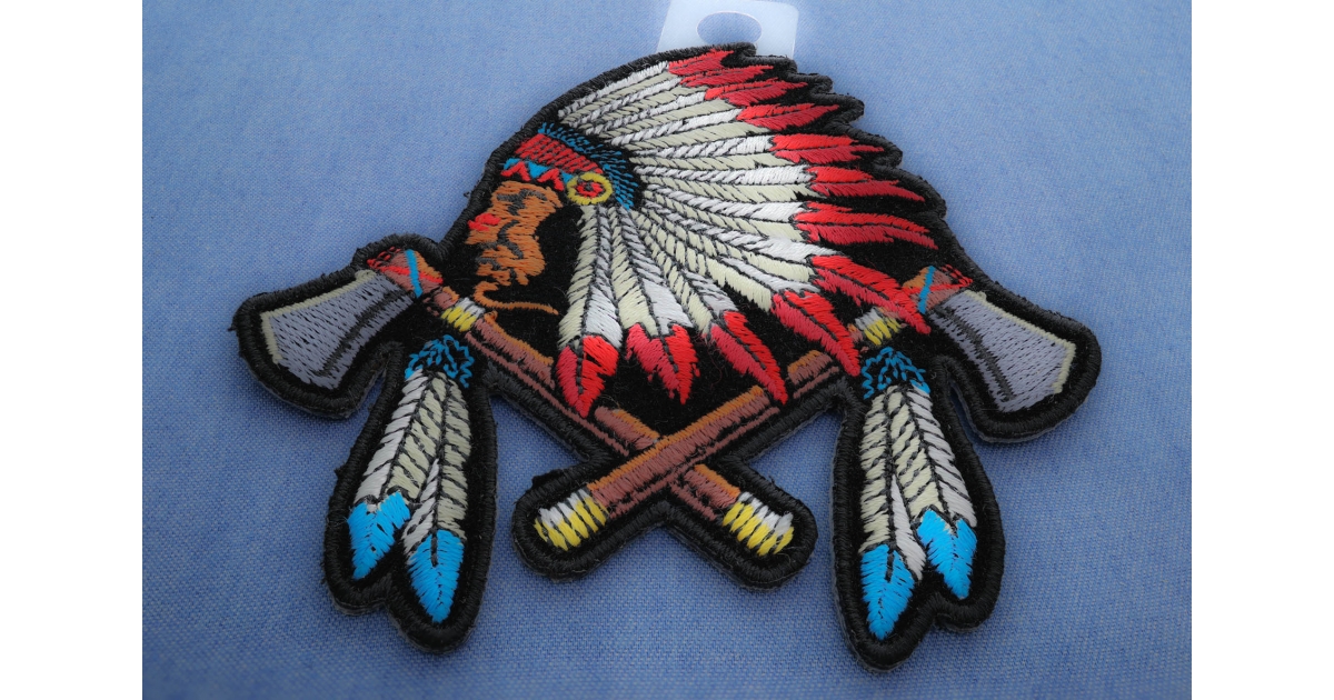 Small Indian Iron On Patch With Battle Axes and Feathers by Ivamis Patches