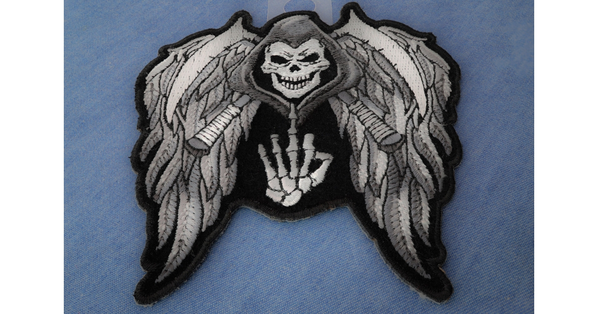 Reaper Skull Wings Middle Finger Patch, Biker Skull Patches by Ivamis ...