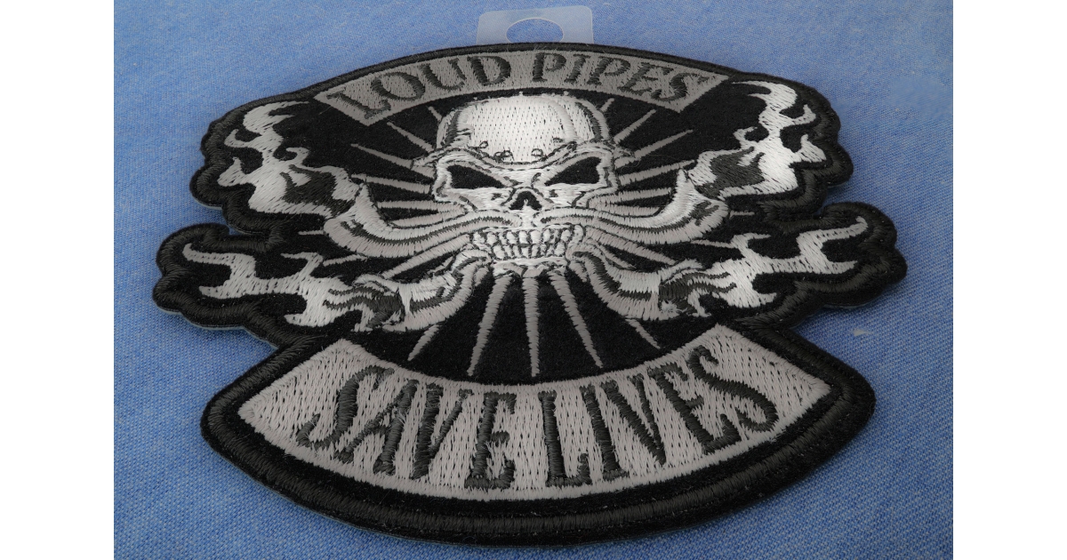 Loud Pipes Save Lives Skull and Pipes Patch, Biker Skull Patches by ...