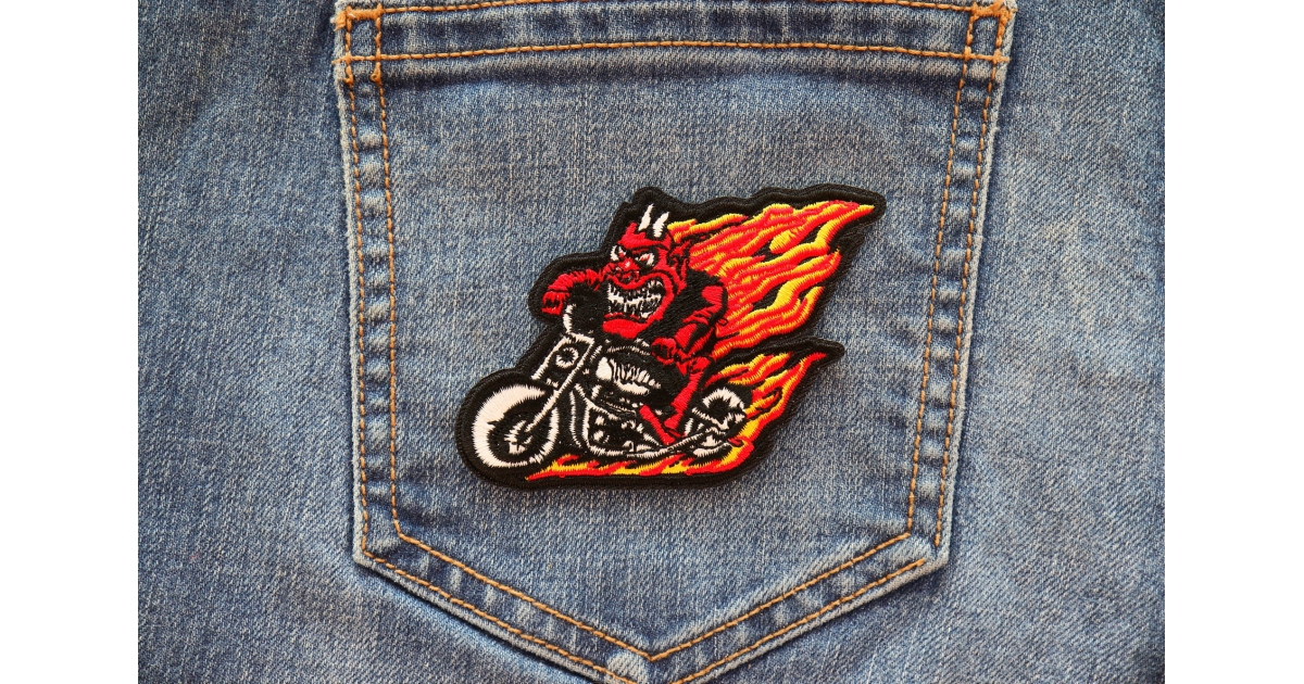 Devil Biker riding Motorcycle with Flames Patch, Biker Vest Patches, Sew or Iron on Patch by ...