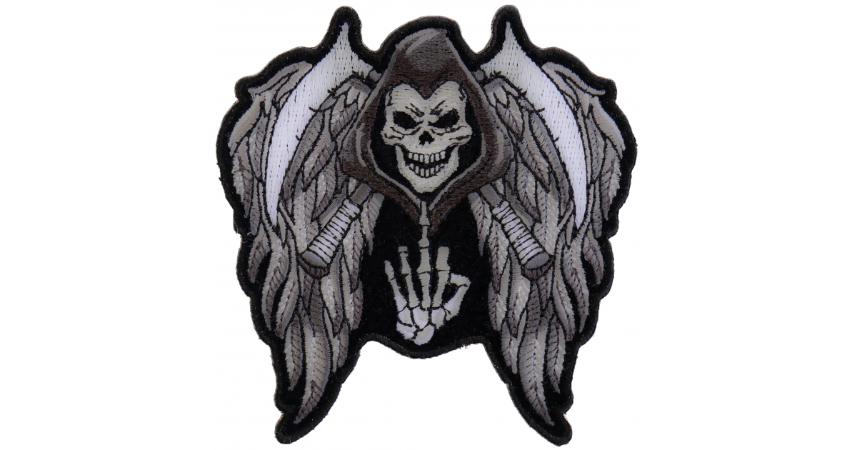 Reaper Skull Wings Middle Finger Patch, Biker Skull Patches by Ivamis ...
