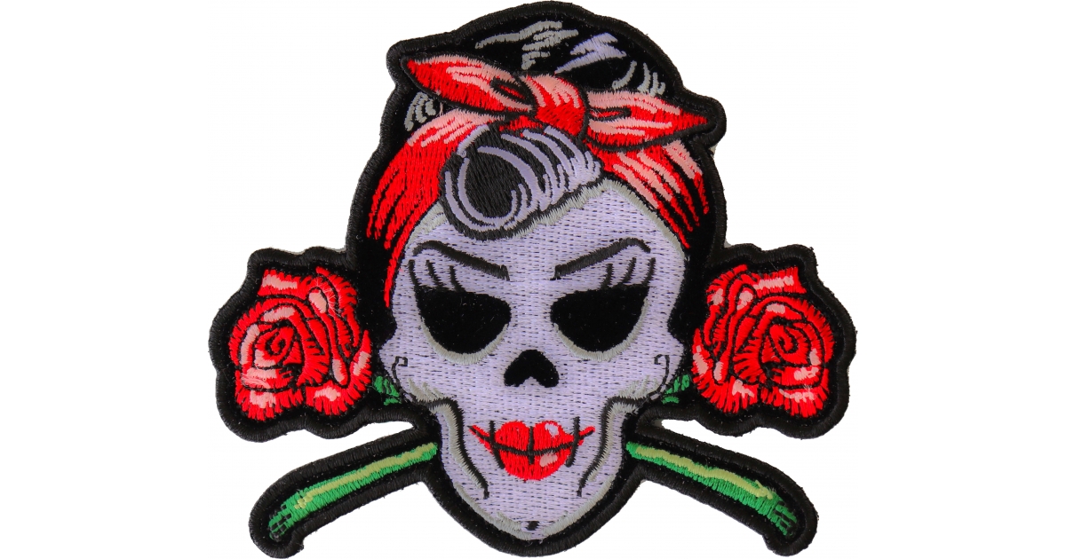 Lady Skull and Roses Patch, Biker Skull Patches by Ivamis Patches