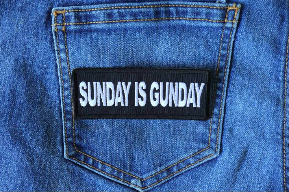 Sunday is Gunday Patch shown on jeans