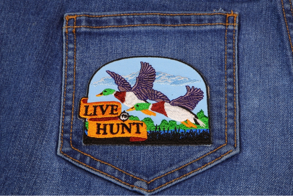 Live To Hunt Patch For Duck Hunters shown on jeans