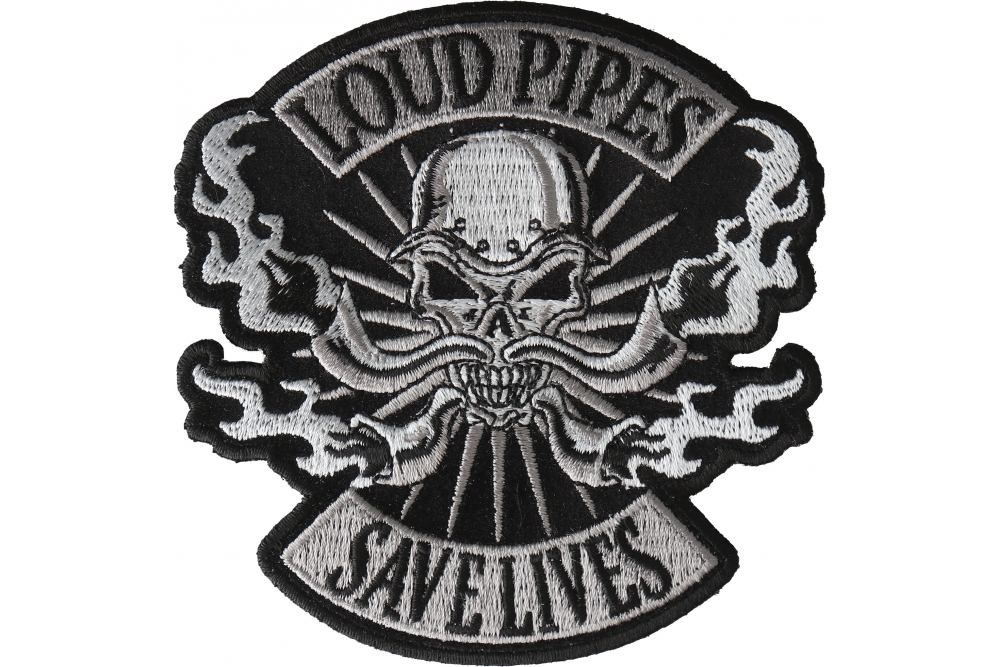 Loud Pipes Save Lives Skull and Pipes Patch, Biker Skull Patches by ...