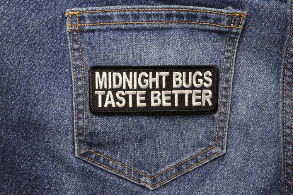 Midnight Bugs Taste Better Patch shown on jeans