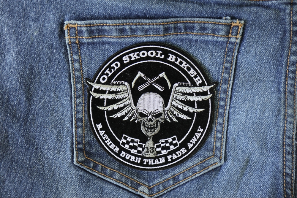 Old Skool Biker Skull Rather Burn Than Fade Away Patch, Biker Skull ...