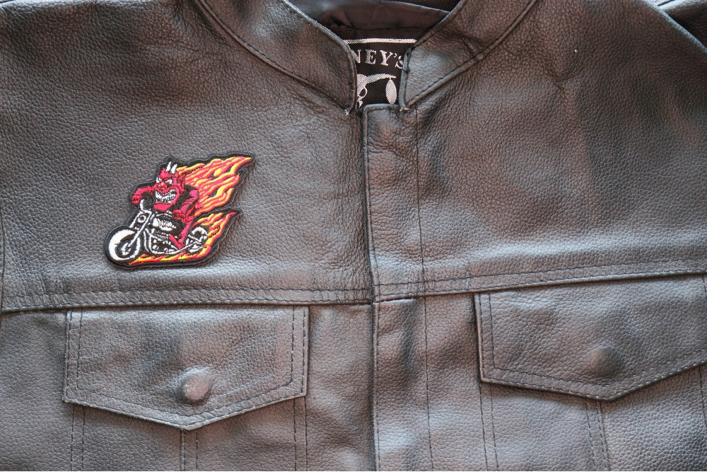 Devil Biker riding Motorcycle with Flames Patch - Biker Patches for ...