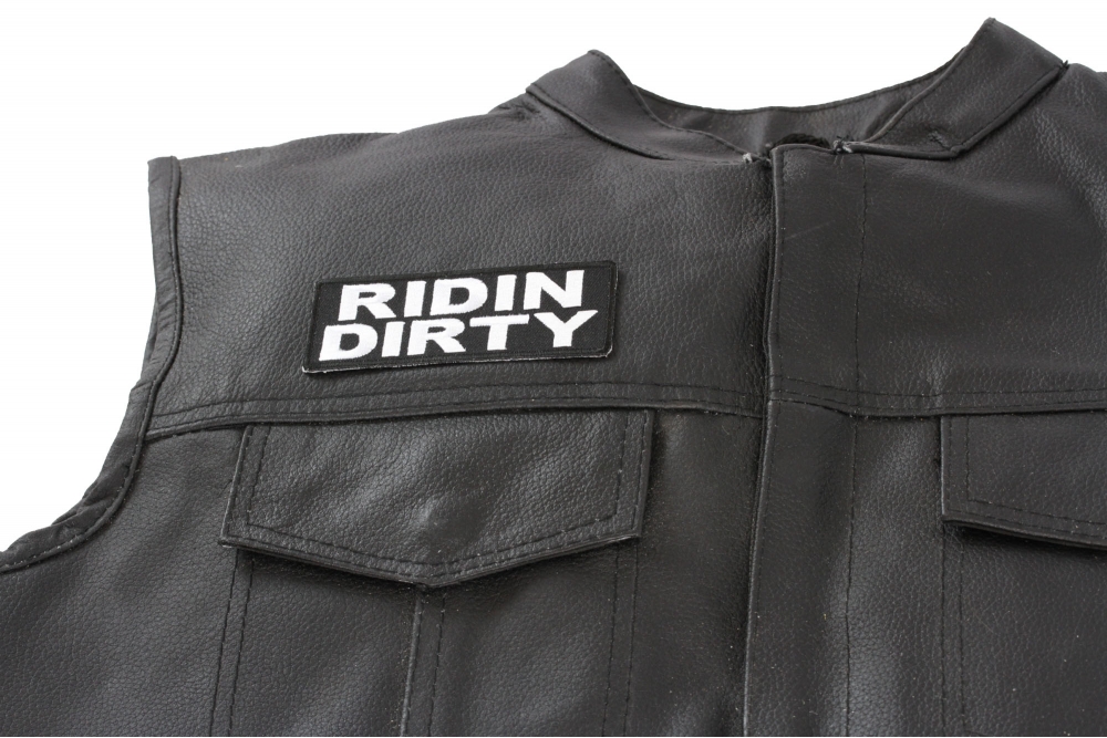 Riding Dirty Patch - Iron on Patch - 4x1.5 inch shown on leather vest