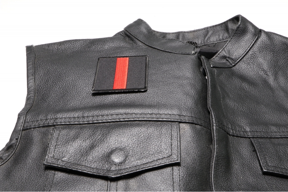 Red Line Patch - Iron on Patch - 2.5x2.5 inch shown on leather vest
