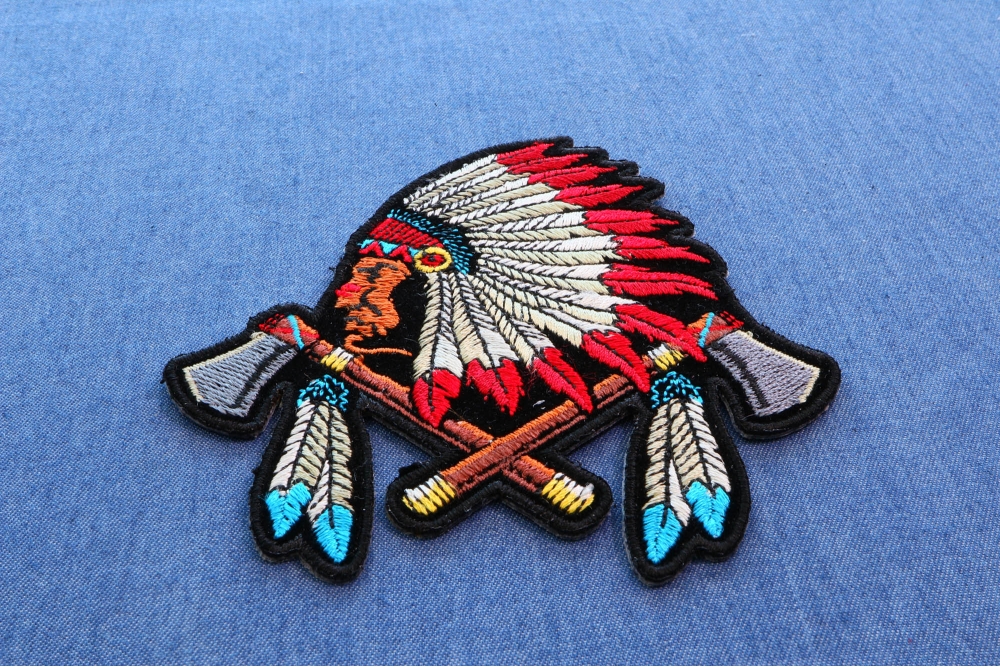 Small Indian Iron On Patch With Battle Axes and Feathers by Ivamis Patches