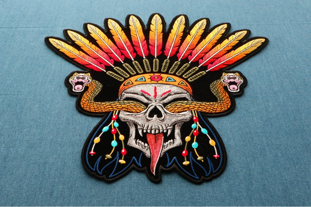 Skull Large Back Patch for Jackets with Snakes and Feathers by Ivamis Patches