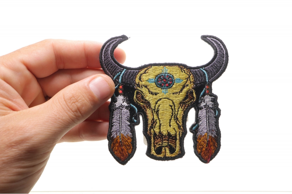 Small Buffalo Head Feathers - Embroidered Iron On Patch | Embroidered ...