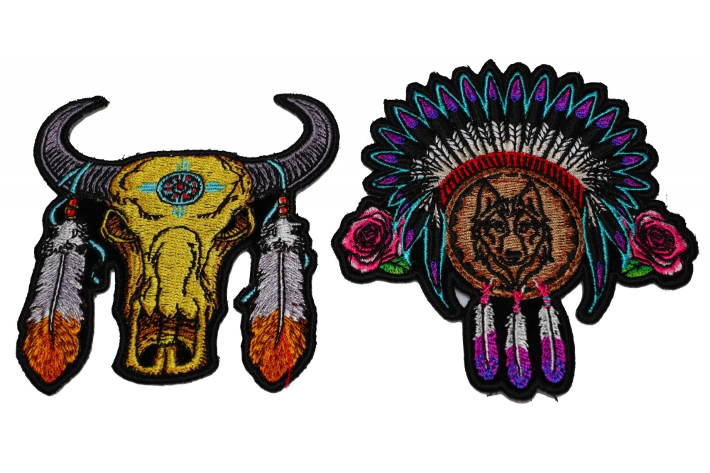 Set of 2 Native Design Wolf and Buffalo Patches with Feathers by Ivamis ...