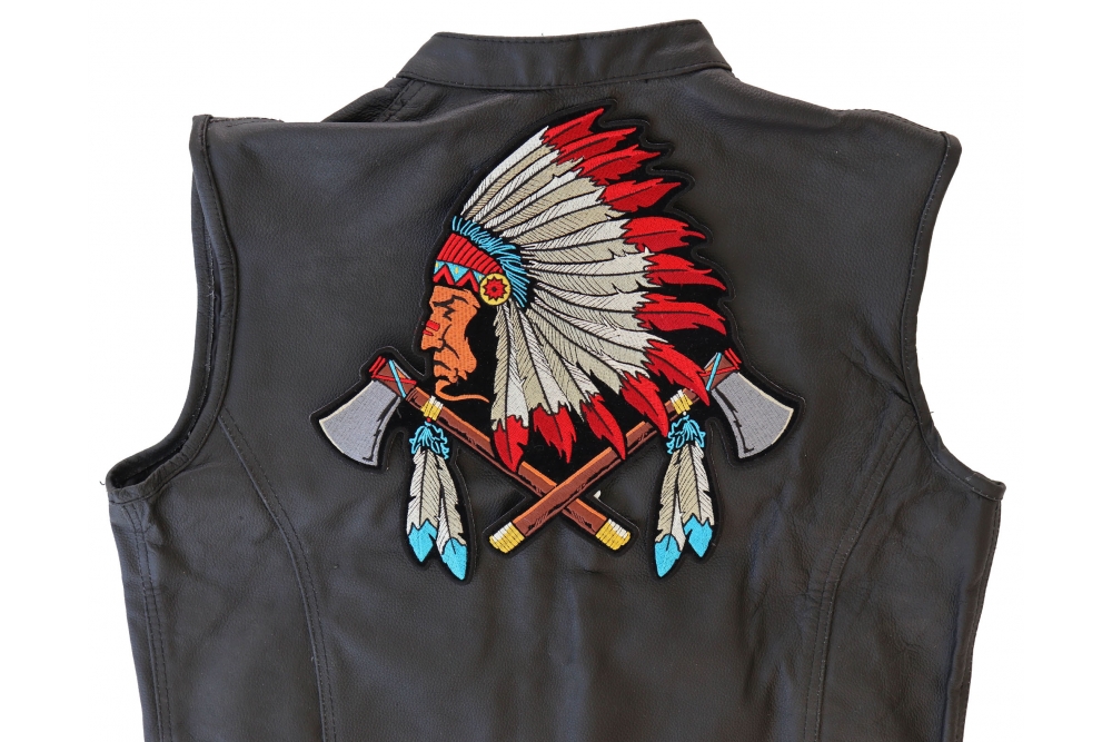 Indian Warrior with Axes Feathers and Head Dress - Jacket Patch Large ...