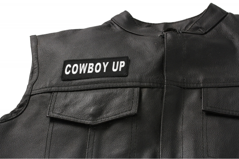 Cowboy Up Patch - Iron on Patch - 4x1.5 inch shown on leather vest