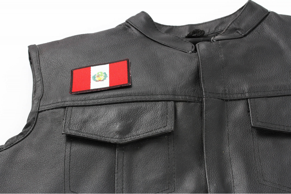 Peru Flag Patch - Iron on Patch - 3x2 inch shown on leather vest