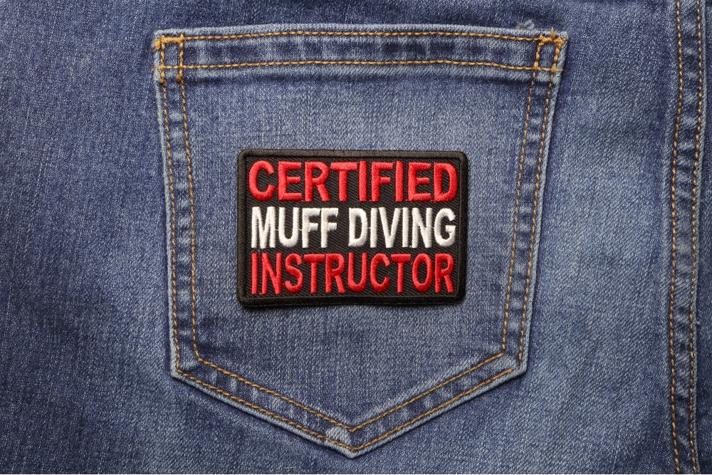 Certified Muff Diving Instructor Patch shown on jeans