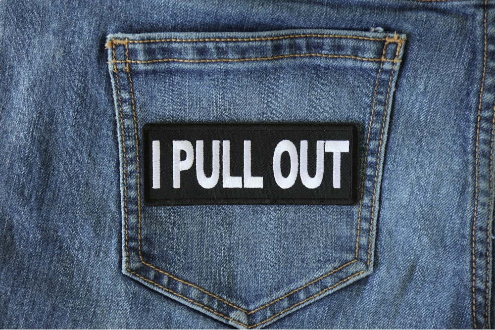 I Pull Out Naughty Iron on Patch shown on jeans