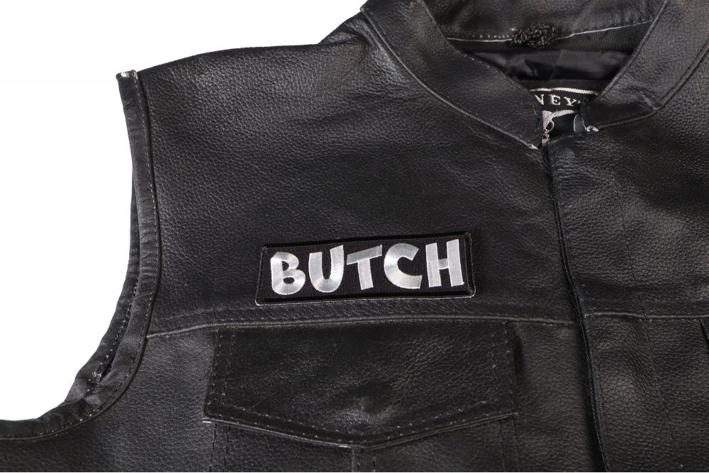 BUTCH Patch - Iron on Patch - 4x1.5 inch shown on leather vest