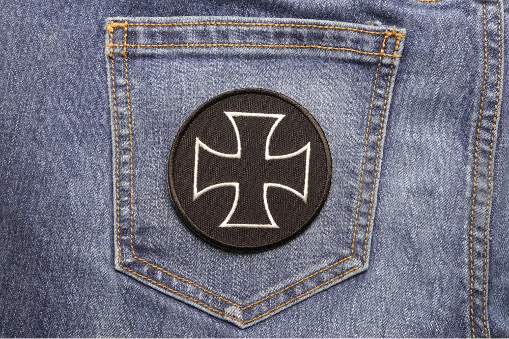 Iron Cross Patch White Black shown on jeans