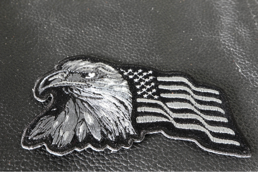 Eagle With Waving Flag Black Silver Patch | US Military Veteran Patches ...