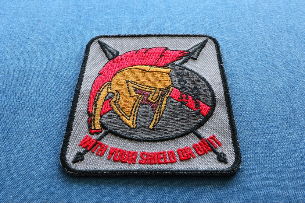 Spartan With Your Shield or On It Patriotic Iron on Patch diagonal view